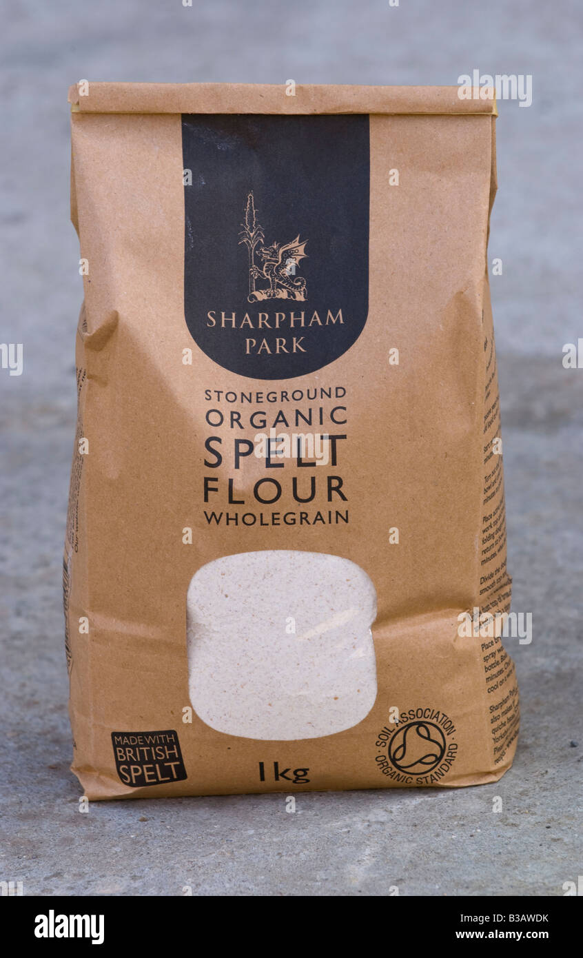 Bag of stoneground organic spelt flour wholegrain grown and milled at Sharpham Park near ...