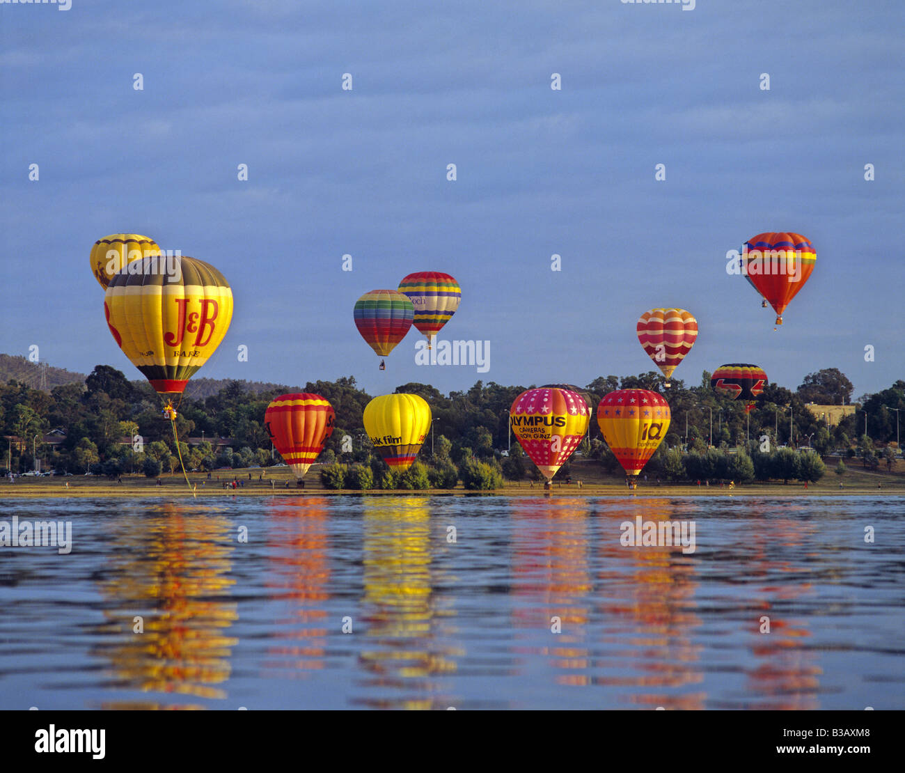 Hot Air Balloons flying over the Lake Burley Griffin Canberra Australia ...
