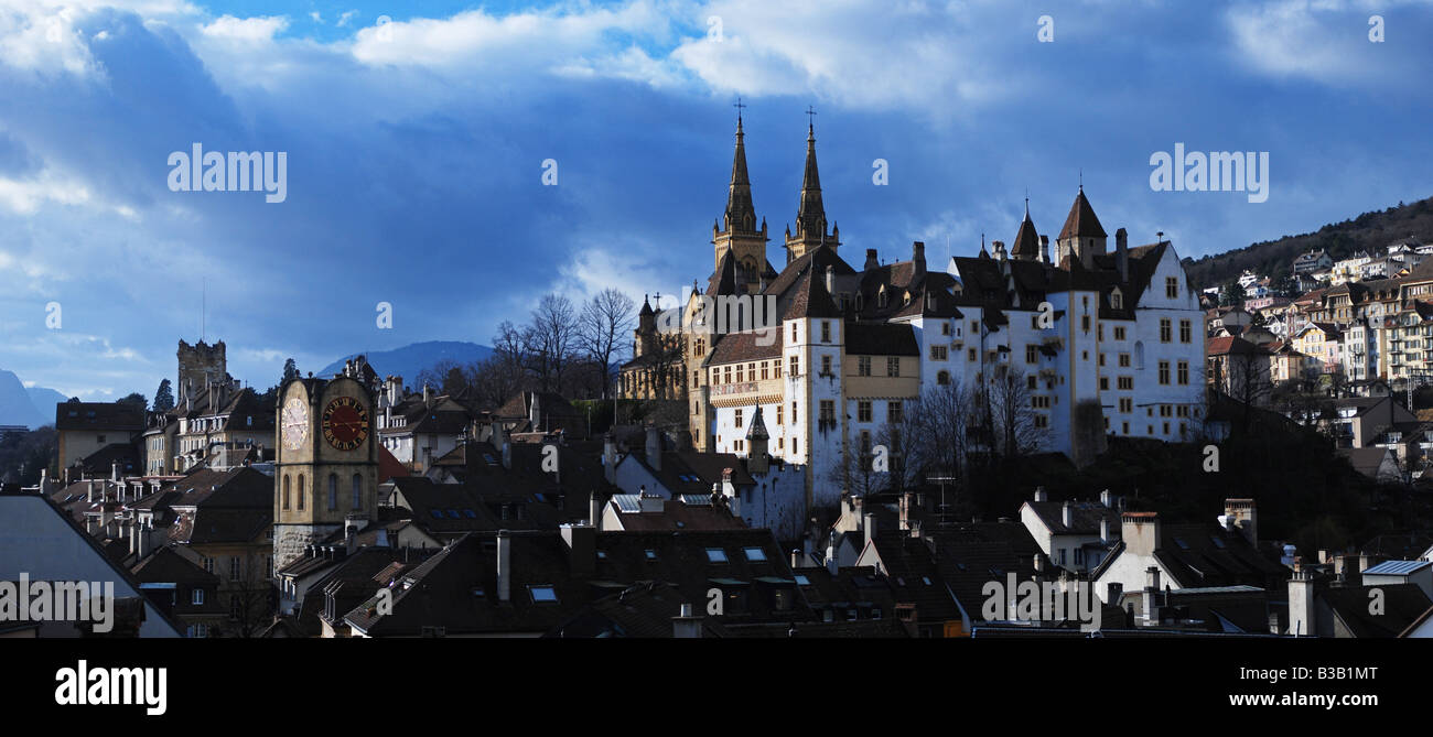 Panorama of downtown Neuchatel, Switzerland showing the Chateau ...