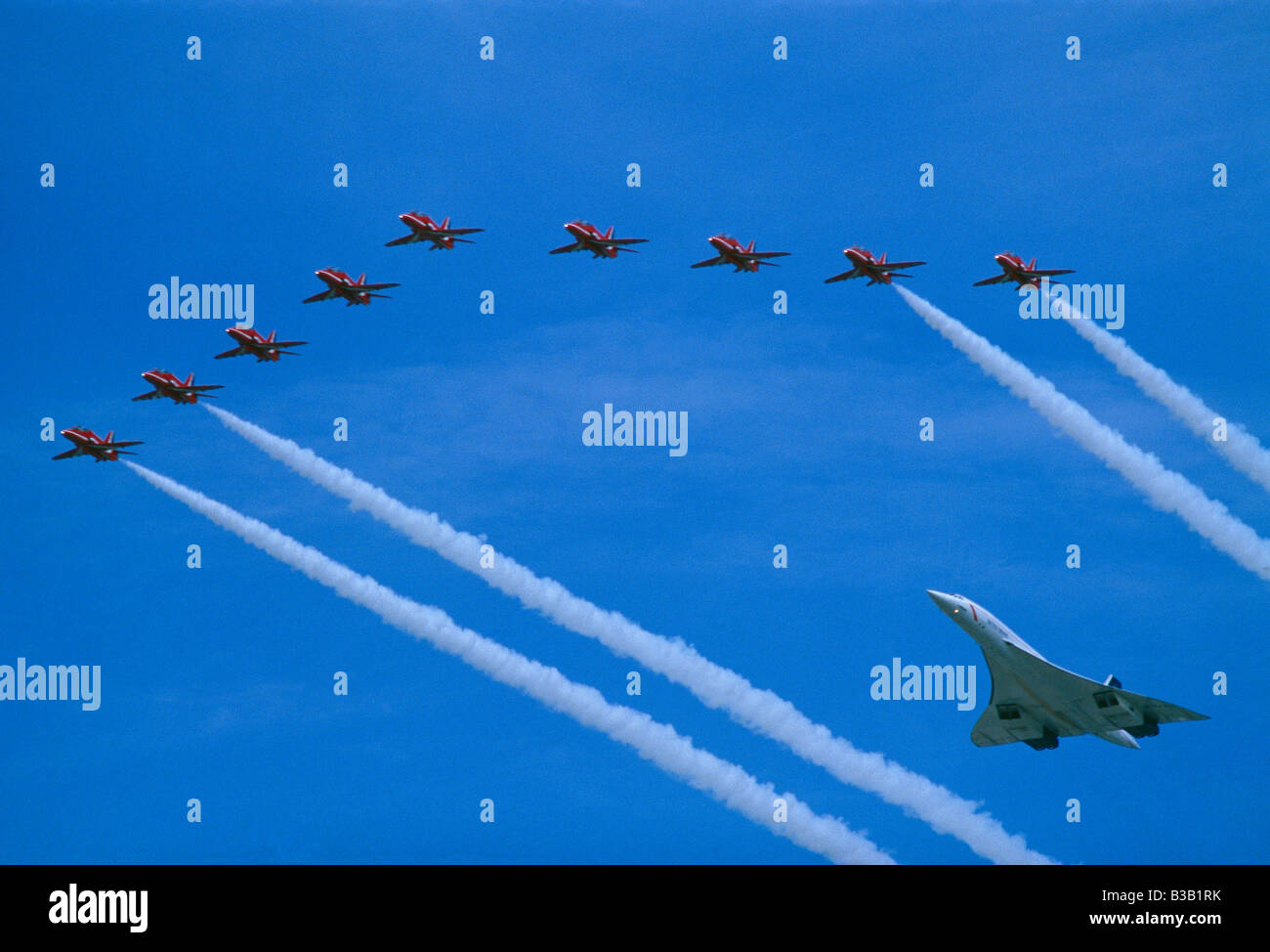 Concorde and the Red Arrows in a flight over Bristol, England, UK Stock ...