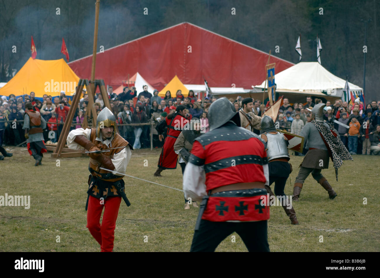 Medieval age dressed knights in the battle at country fair Samobor ...