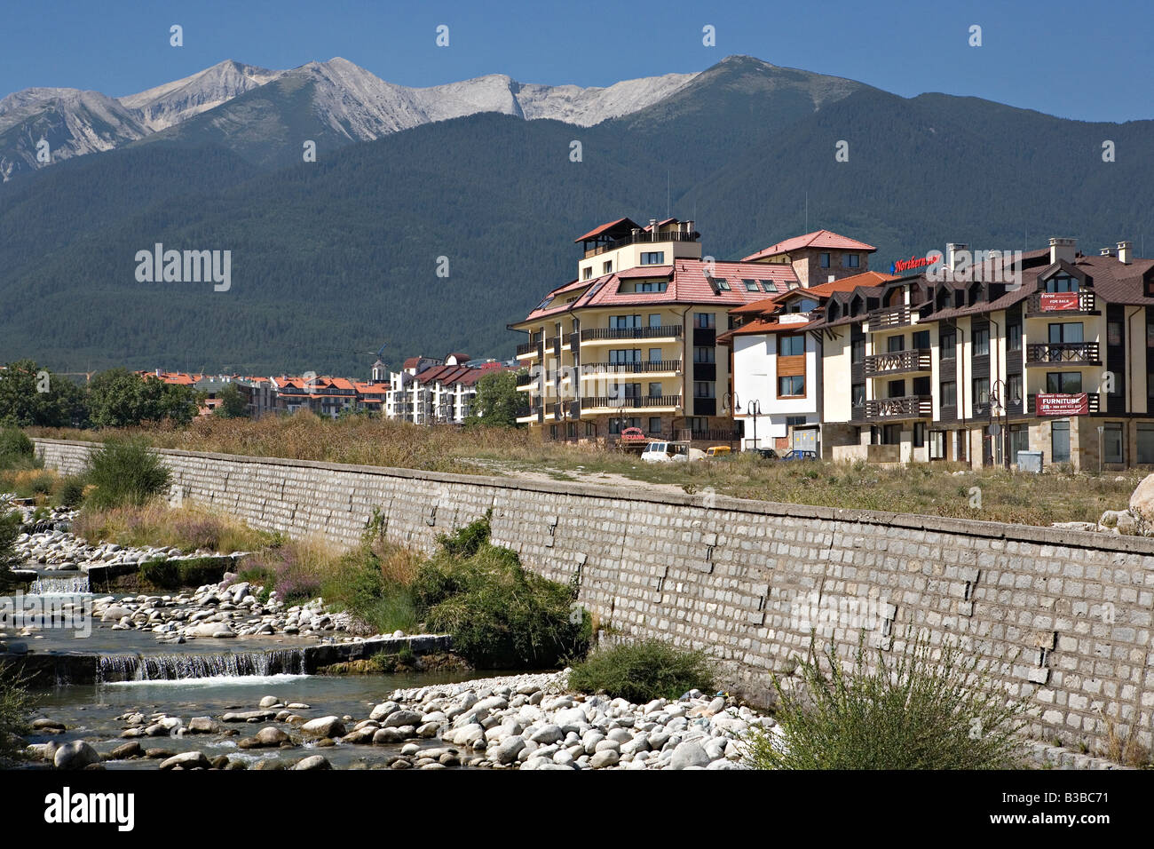 Scenery of Bansko city and Pirin mountains in background in Bulgaria ...