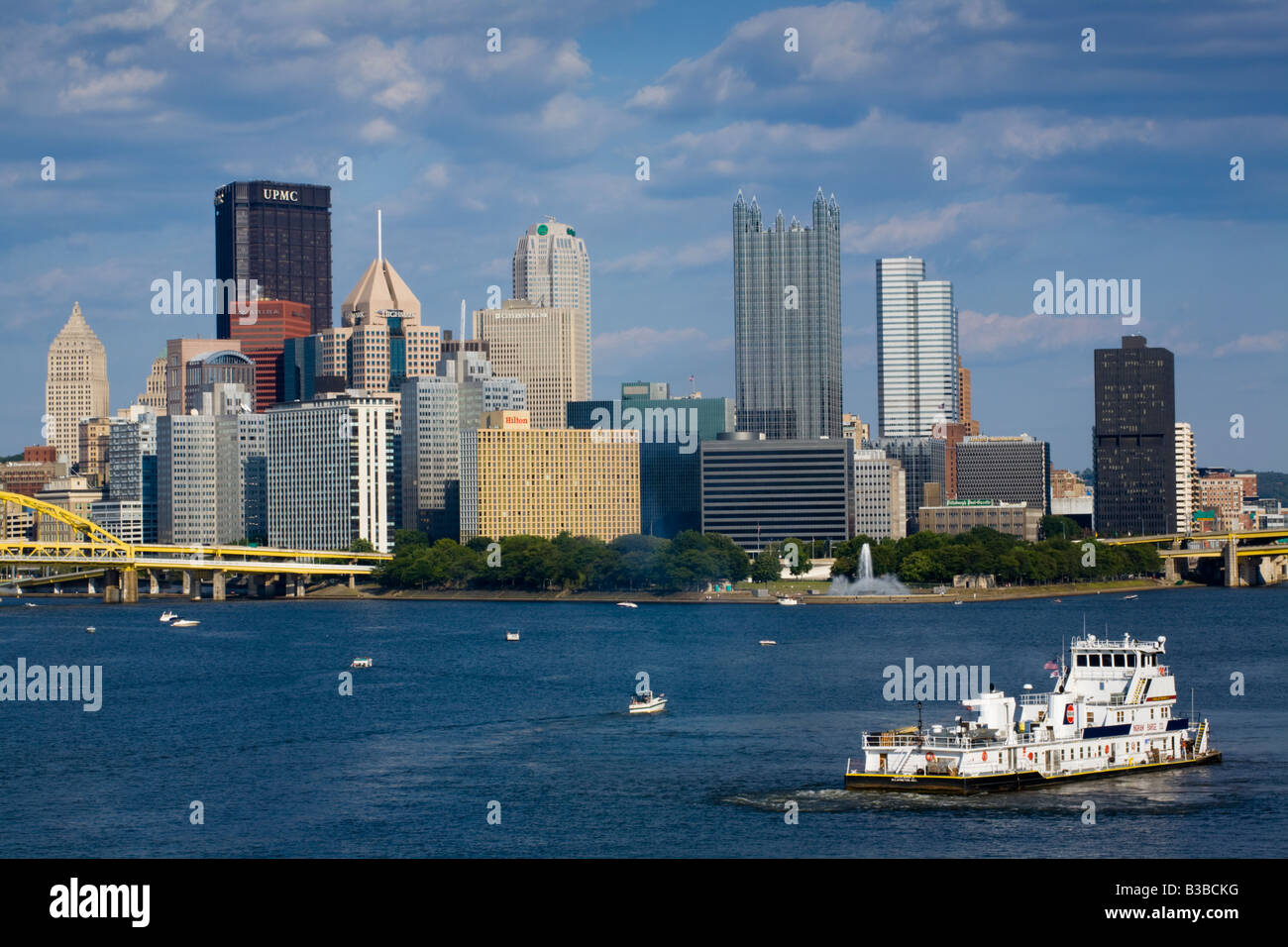 Skyline of Pittsburgh Pennsylvania with batge on Ohio River Stock Photo ...