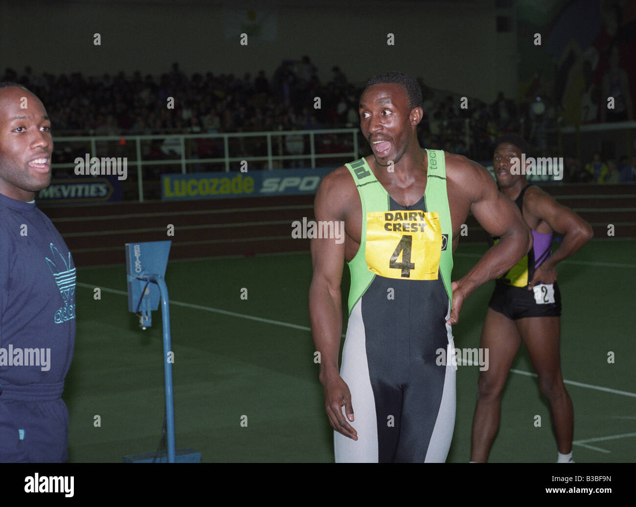 British sprinter Linford Christie talking to John Regis at the Cosford ...