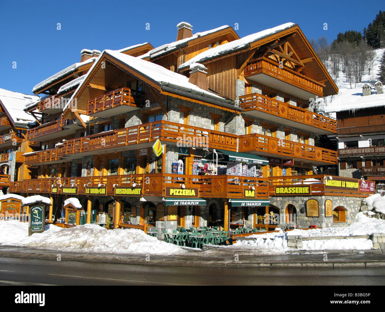 Brasserie le Tremplin in Meribel ski resort France Stock Photo - Alamy
