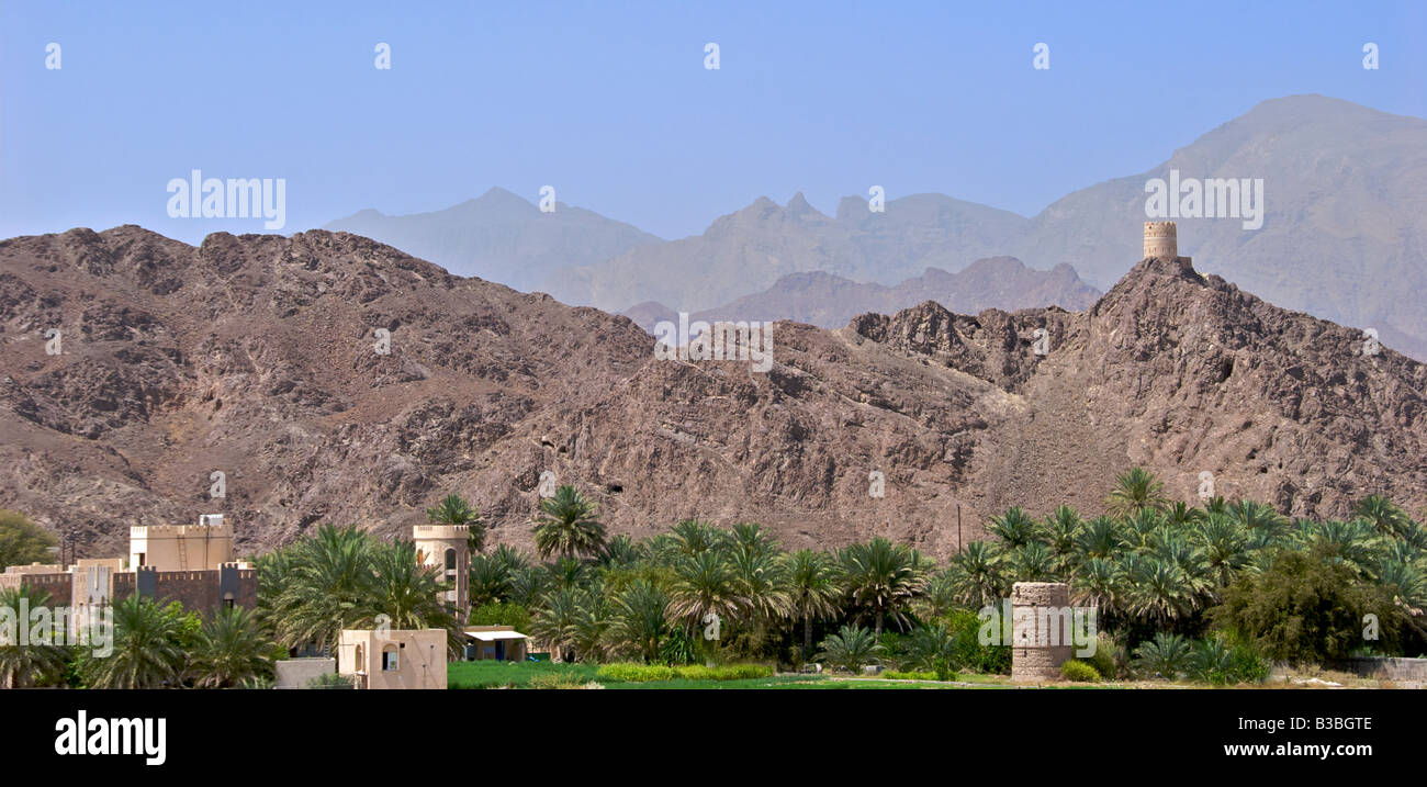 Watchtower and village Jabal Nakhal Al Batinah Region Sultanate of Oman ...
