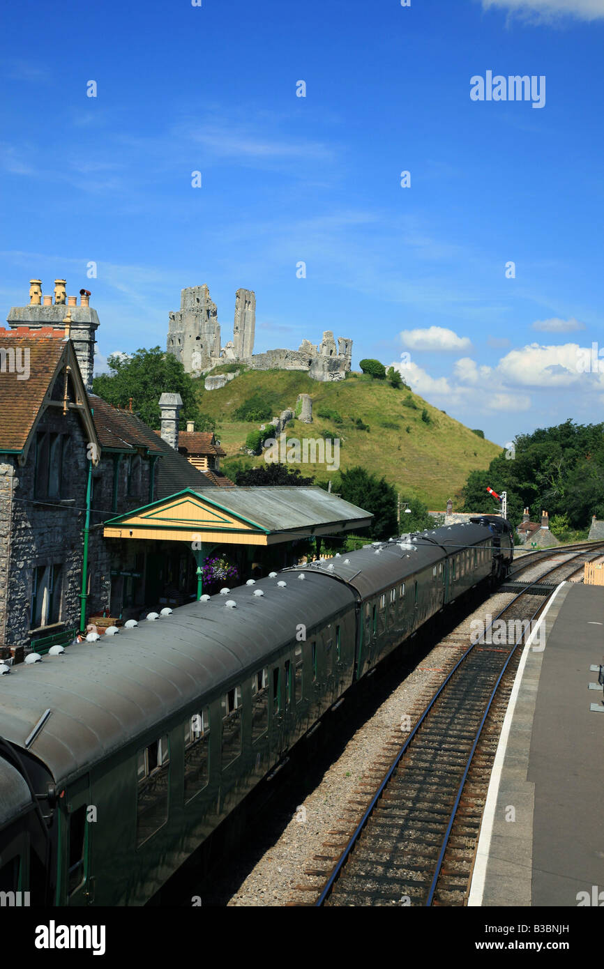 Train at Corfe Castle Station on the Swanage Steam Railway Line below ...