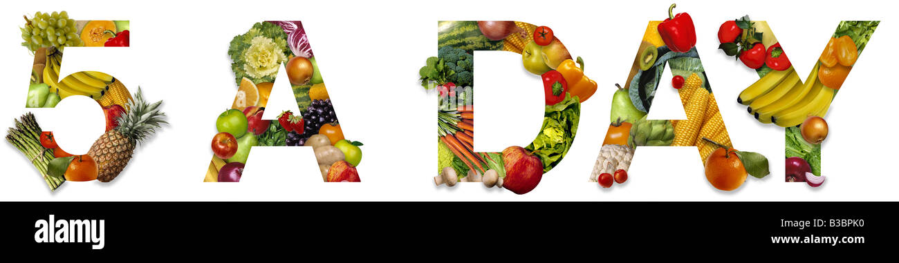 5 A DAYs words set with fruit and vegetables Stock Photo - Alamy