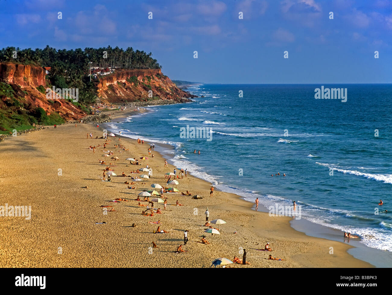 Varkala beach in Kerala, India, view from the cliff top with people ...