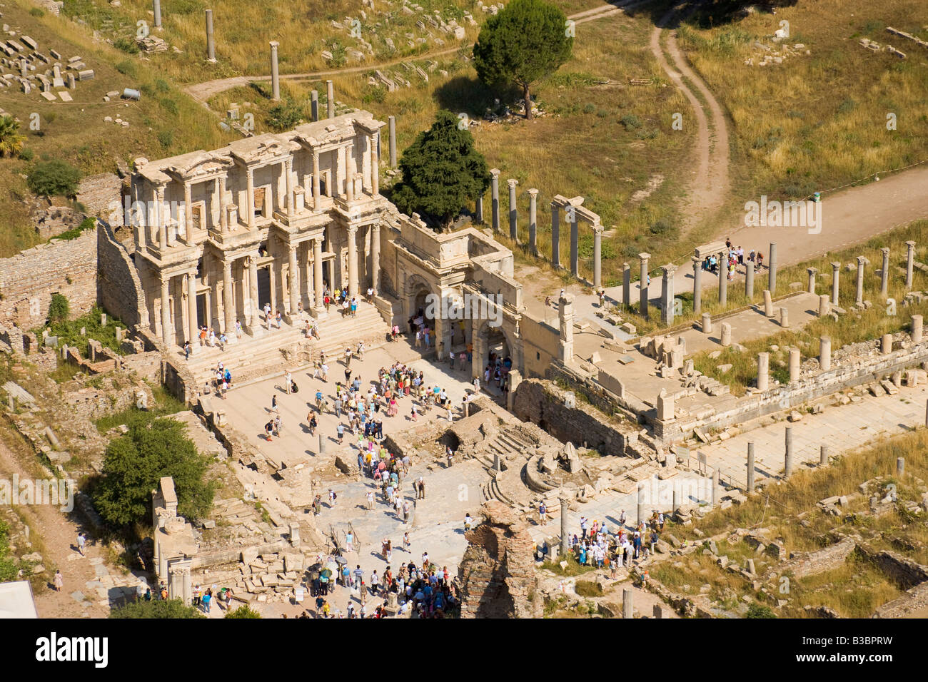 Aerial view of the Library of Celsus in the ancient city of Ephesus ...