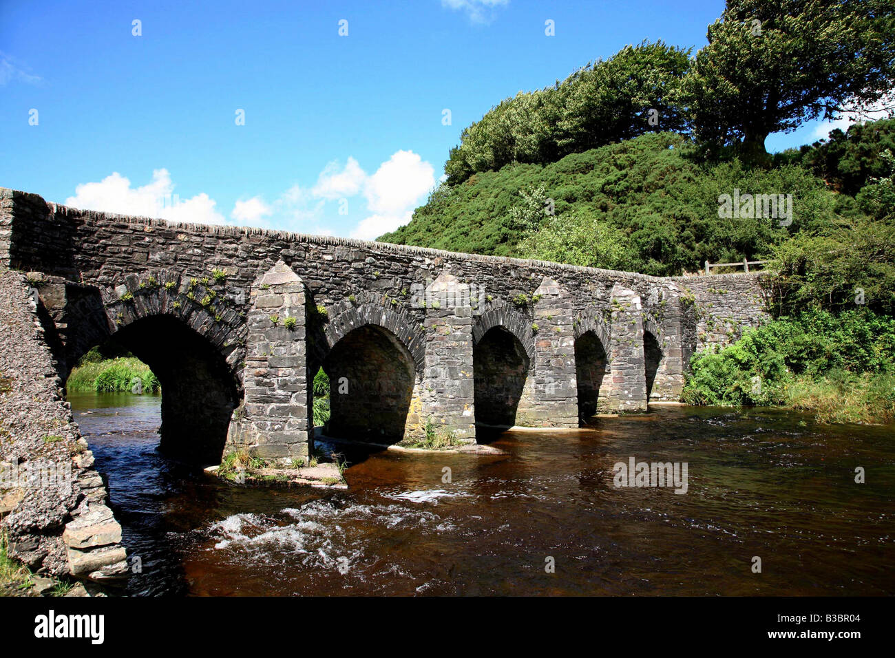 Medieval Landacre Bridge spanning the River Barle situated within the ...