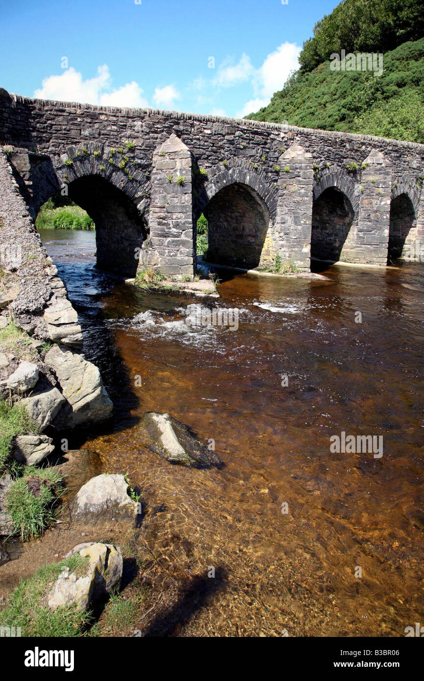 Medieval Landacre Bridge spanning the River Barle situated within the ...