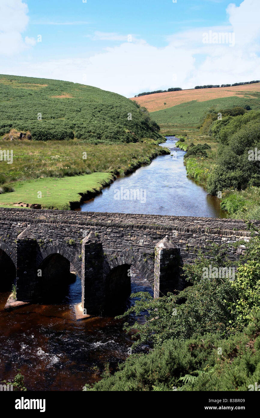 Medieval Landacre Bridge spanning the River Barle situated within the ...