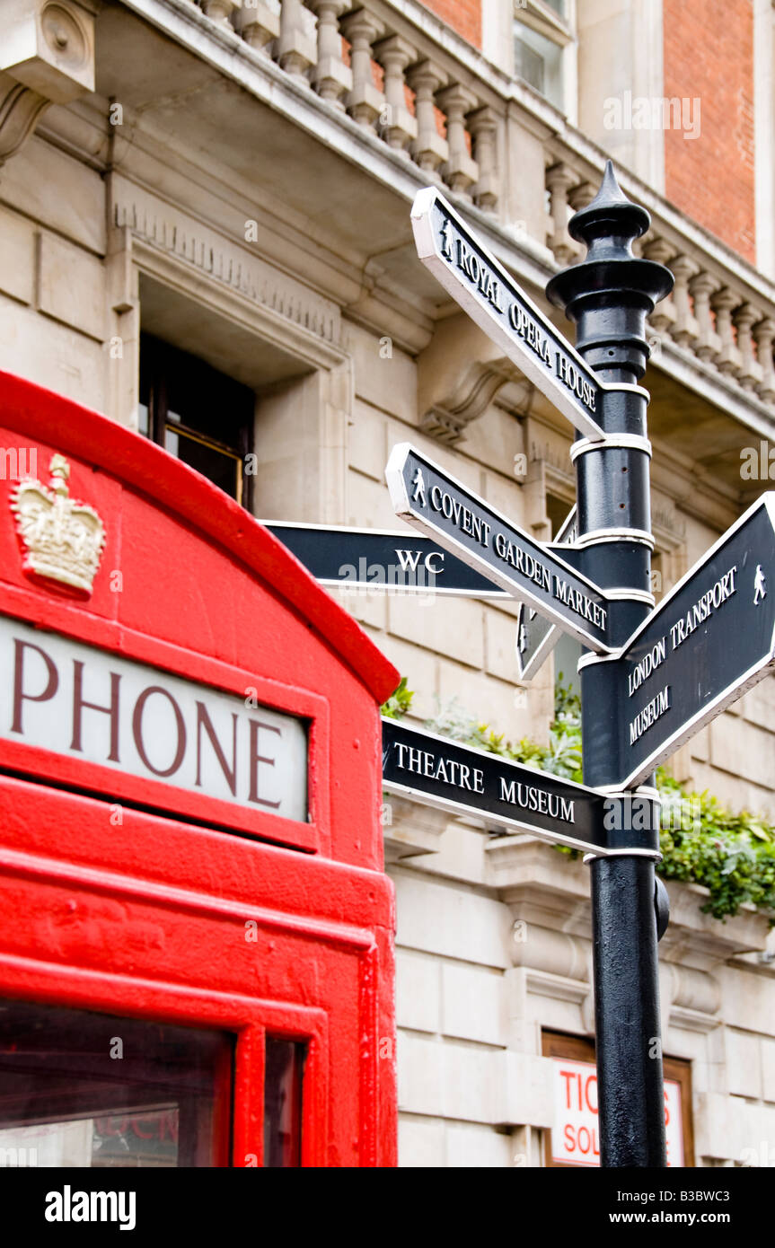a signpost and a red telephone booth in London, England Stock Photo - Alamy