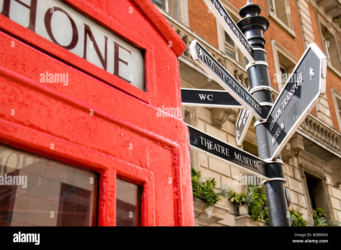 a signpost and a red telephone booth in London, England Stock Photo - Alamy