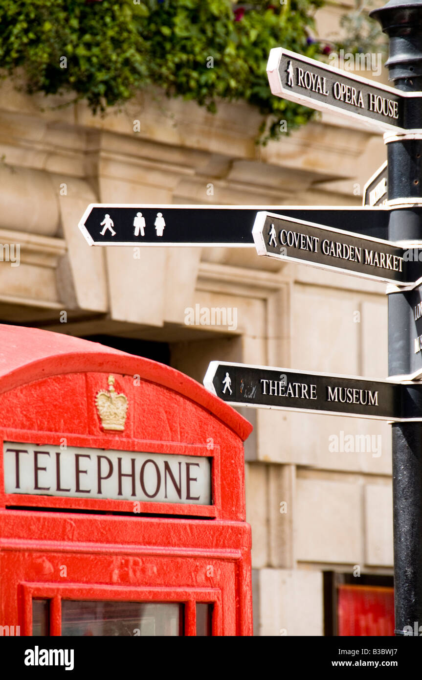 a signpost and a red telephone booth in London, England Stock Photo - Alamy