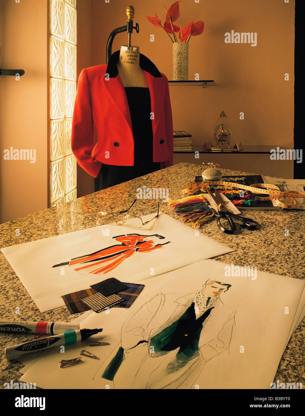 Fashion designing equipments and sample drafts in atelier Stock Photo ...