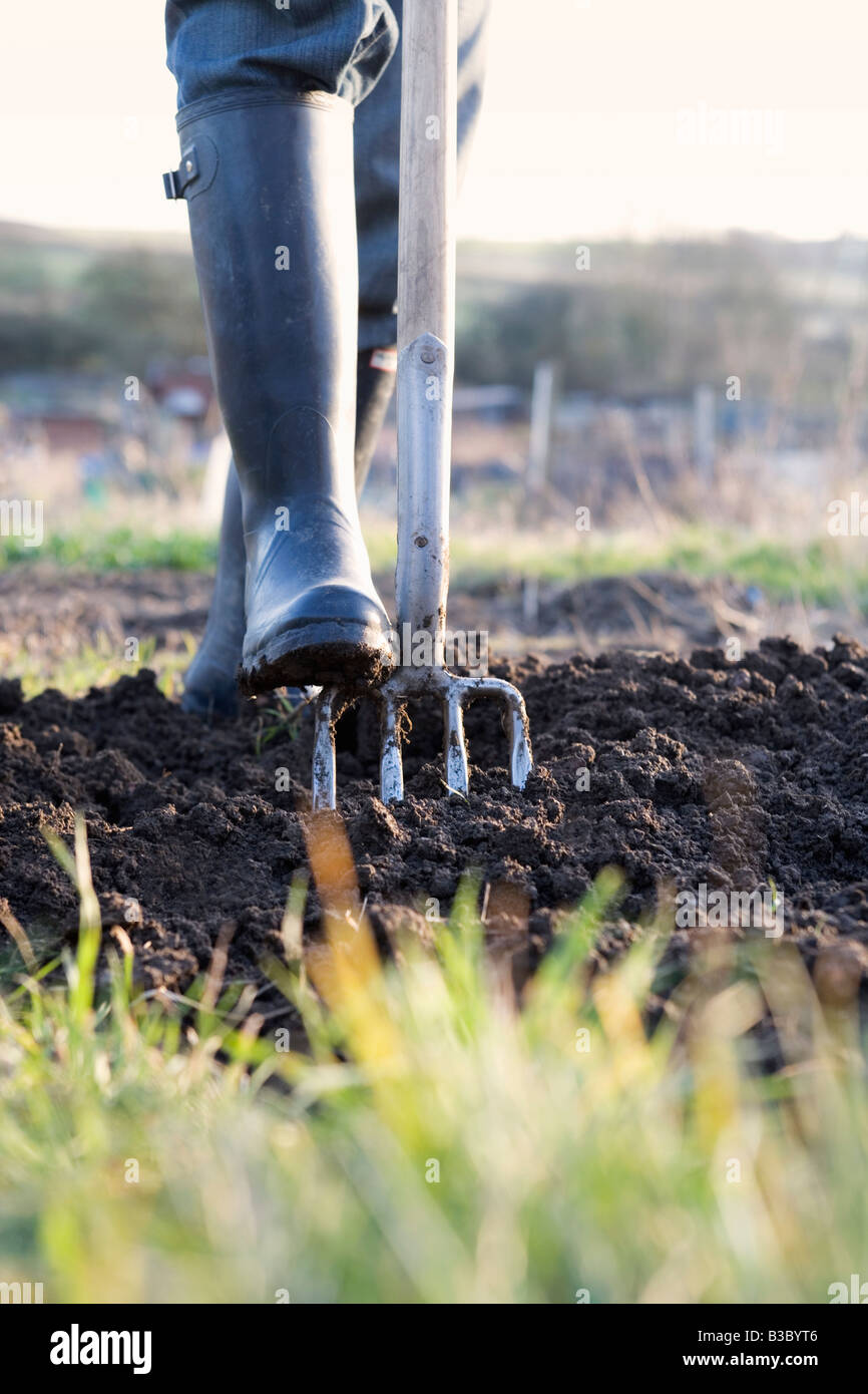 A person gardening, digging earth with a fork Stock Photo - Alamy