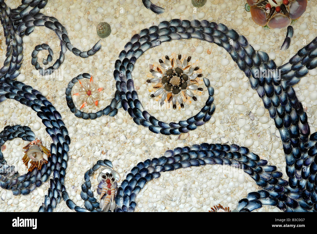 Detail from shell mural in the garden at Elton Hall Cambridgeshire UK ...