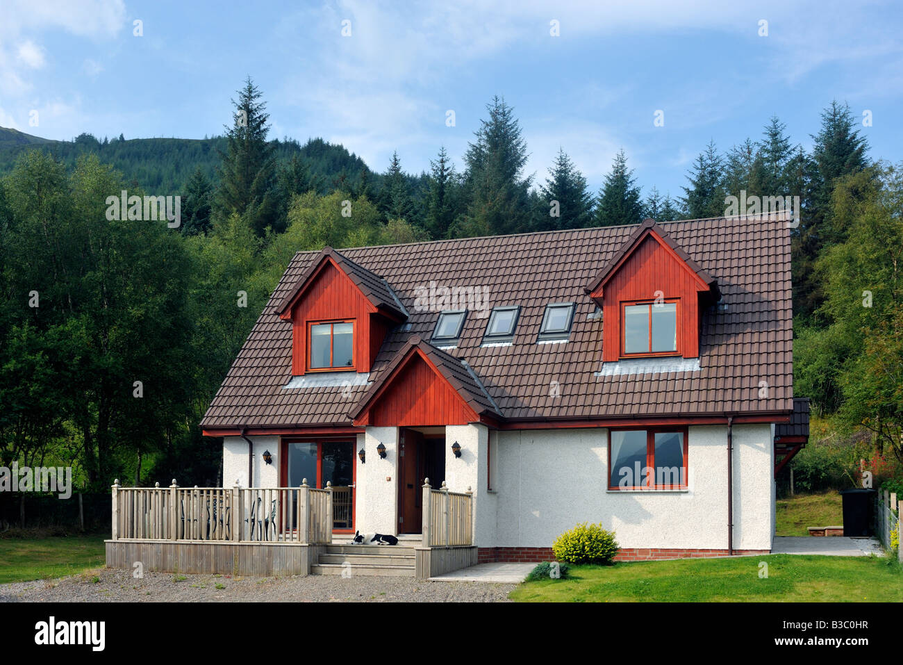 Typical modern traditional design holiday cottage. Ratagan, Loch Duich ...