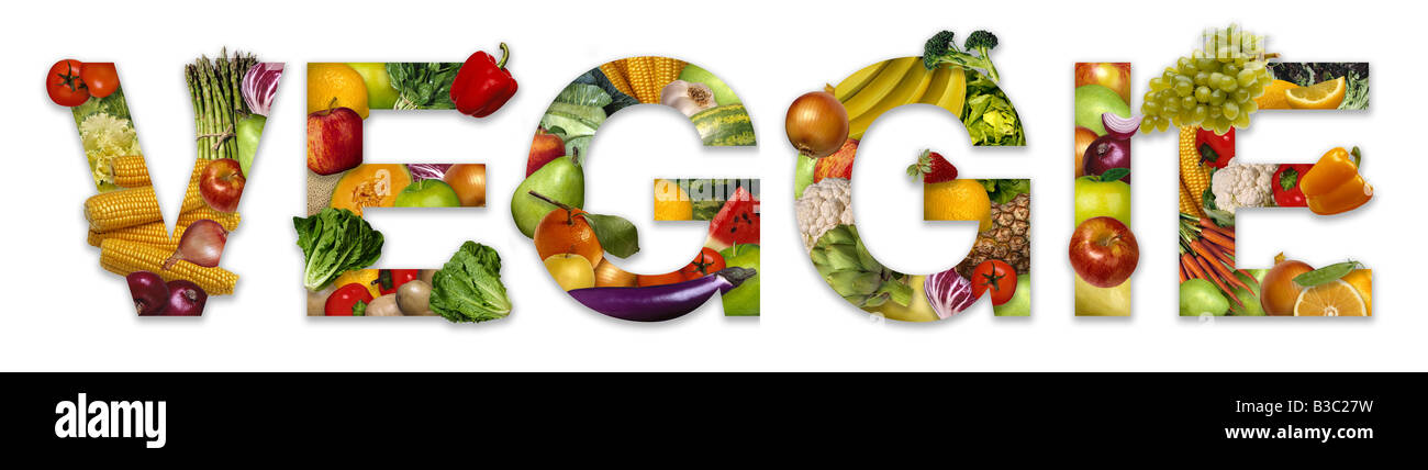 Veggie word set with fruit and vegetables Stock Photo - Alamy