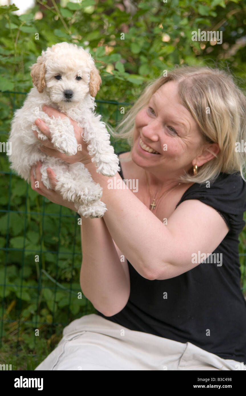 Happy woman lifting a puppy Stock Photo - Alamy
