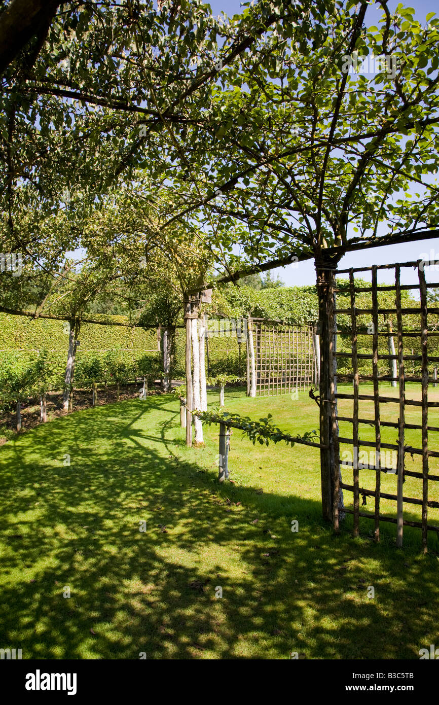 Pear trees trained overhead trellis at Le Prieuré Notre Dame d'Orsan ...