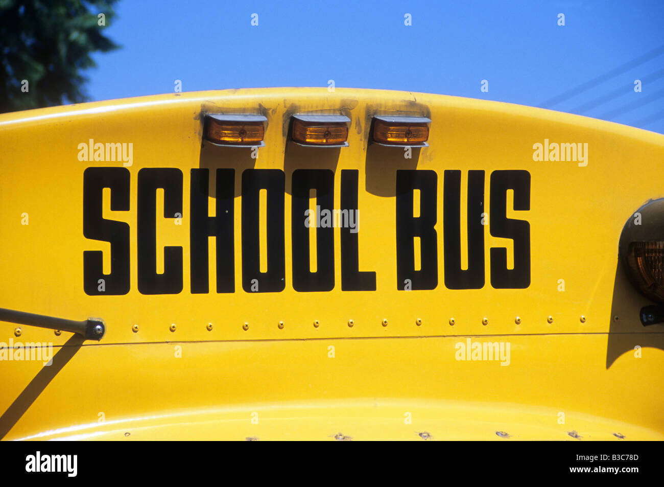 Sign on back of yellow school bus reading "school bus Stock Photo - Alamy