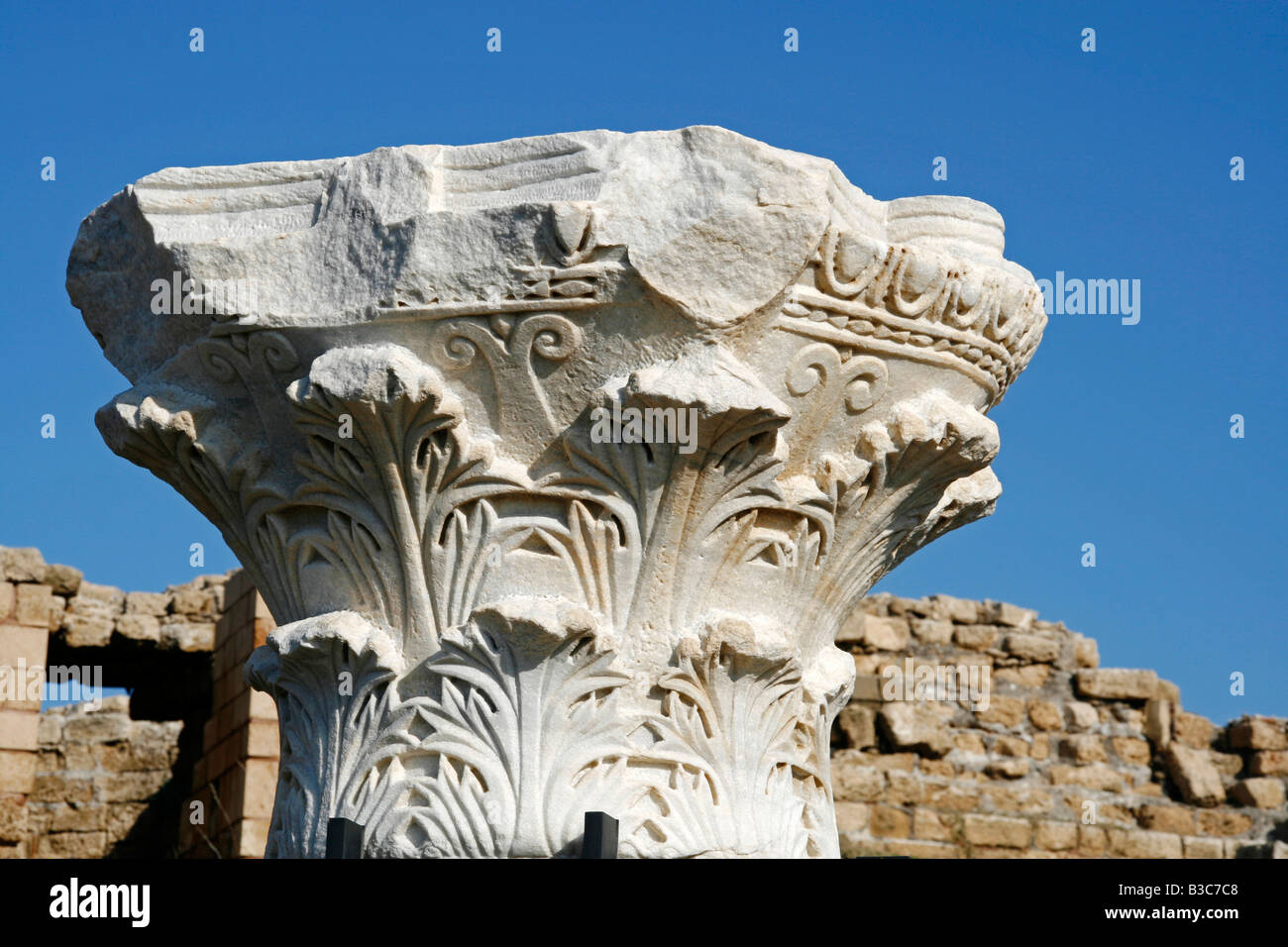 Israel, Caesarea. Corinthian style column in the Caesarea ruins ...