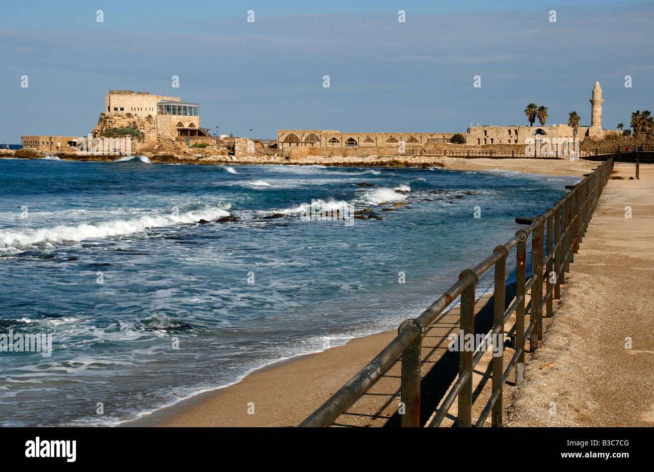 Israel, Caesarea. The coastline and promenade of Caesarea. Caesarea is ...