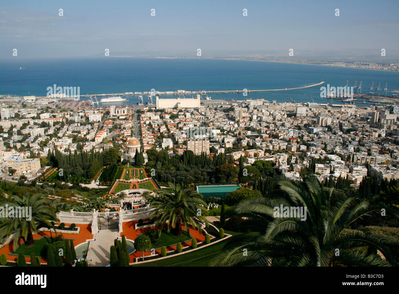 Israel, Mount Carmel. City and Port of Haifa with the Shrine of the Báb ...