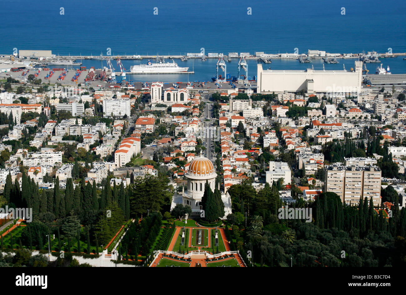 Israel, Mount Carmel. City and Port of Haifa with the Shrine of the Báb ...