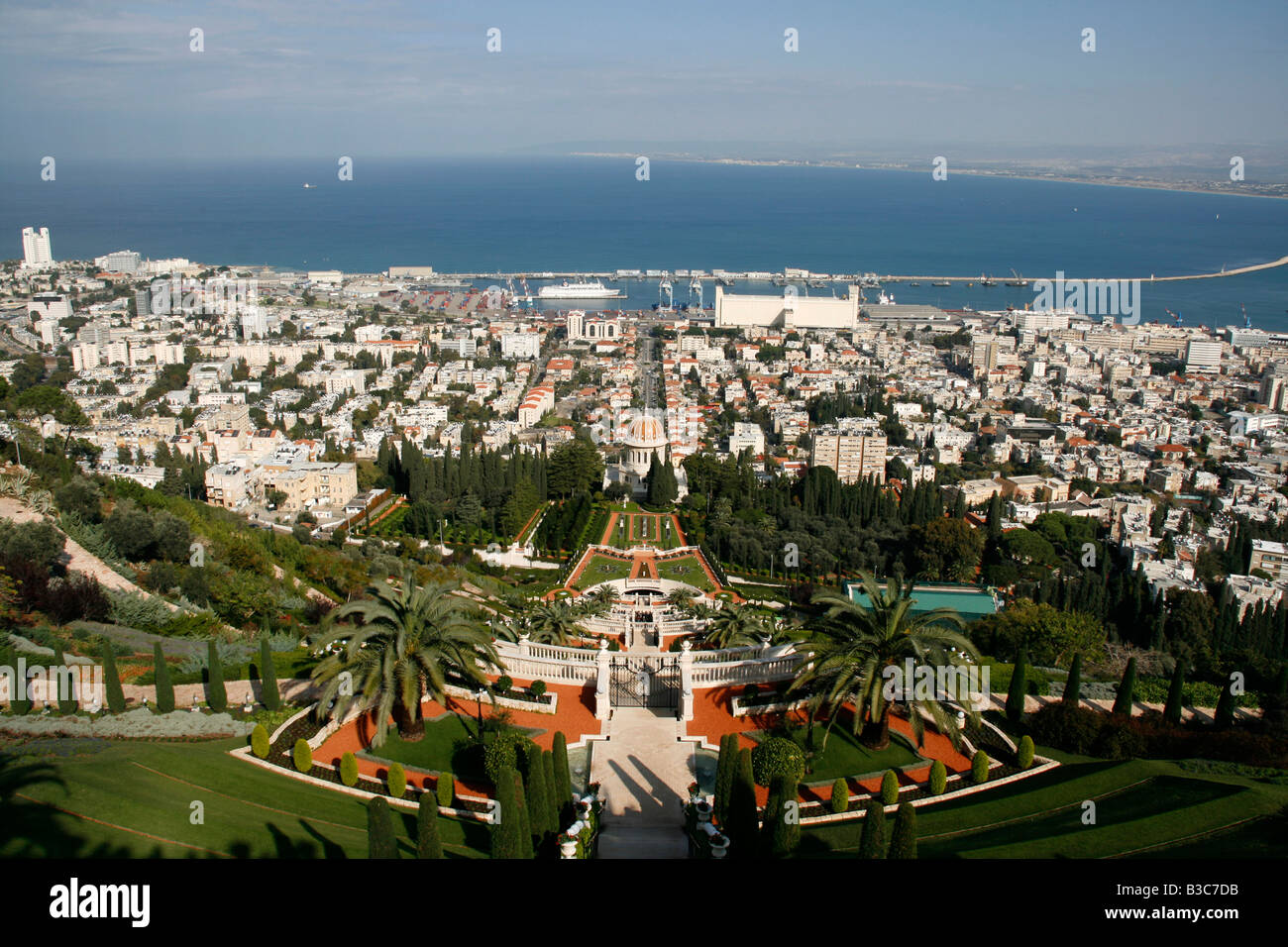 Israel, Mount Carmel. City and Port of Haifa with the Shrine of the Báb ...