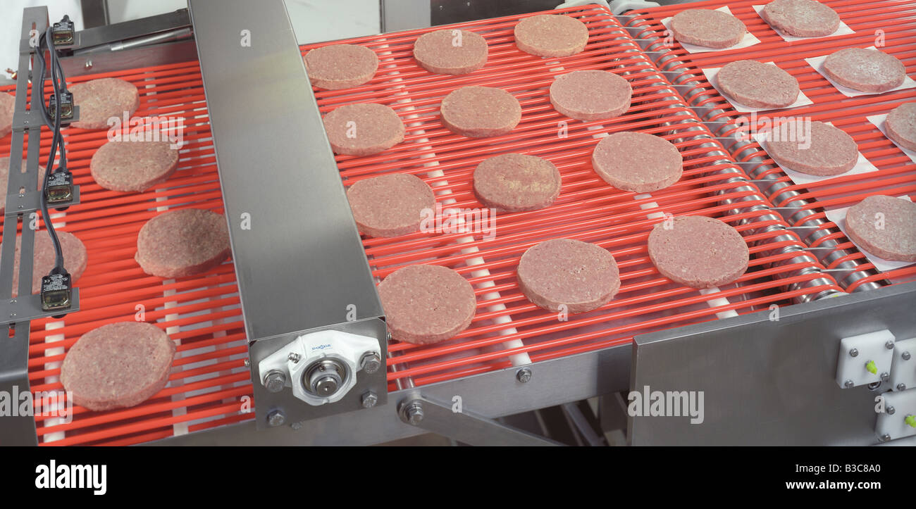 Hamburger Burger Patties Meat On Assembly Line In Beef Processing ...