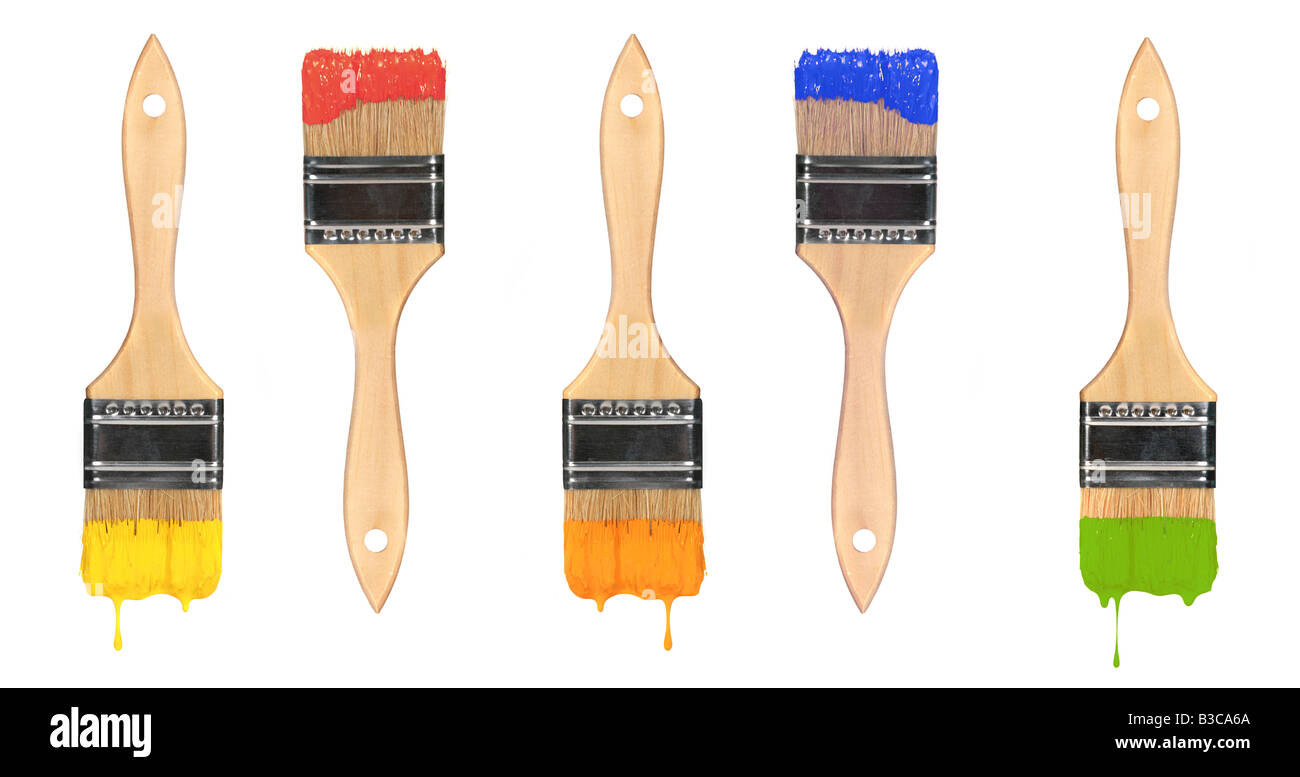 Multiple Paintbrushes With Wet Paint Dripping Off of Them Isolated on ...