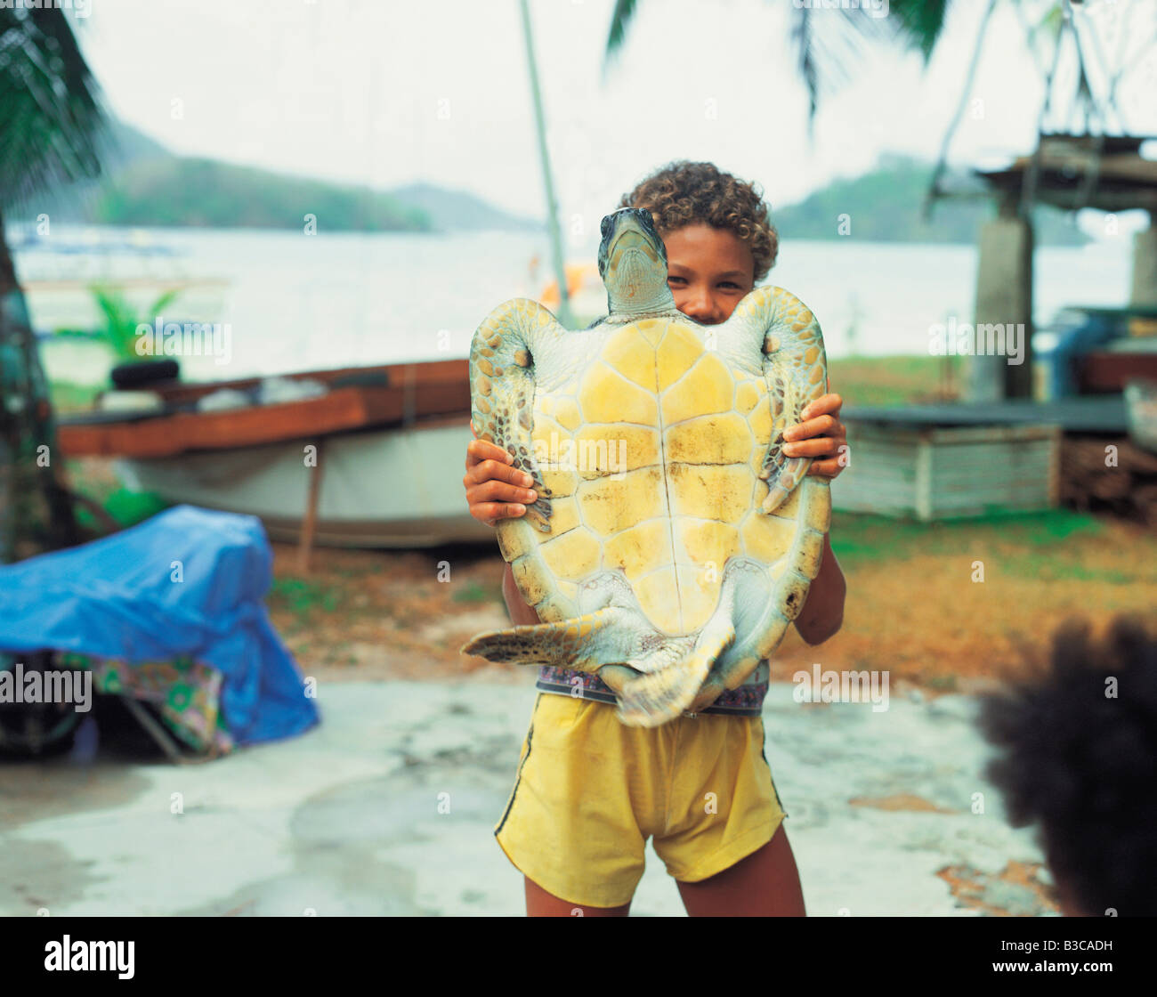 Seychelles. Local boy holding up a turtle Stock Photo - Alamy