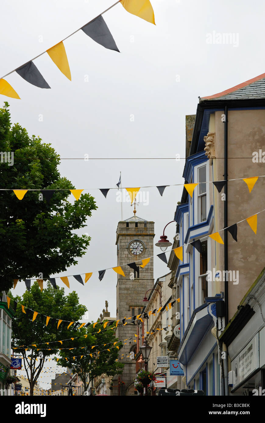 fore street in redruth ,cornwall,uk, decorated for an annual carnival ...