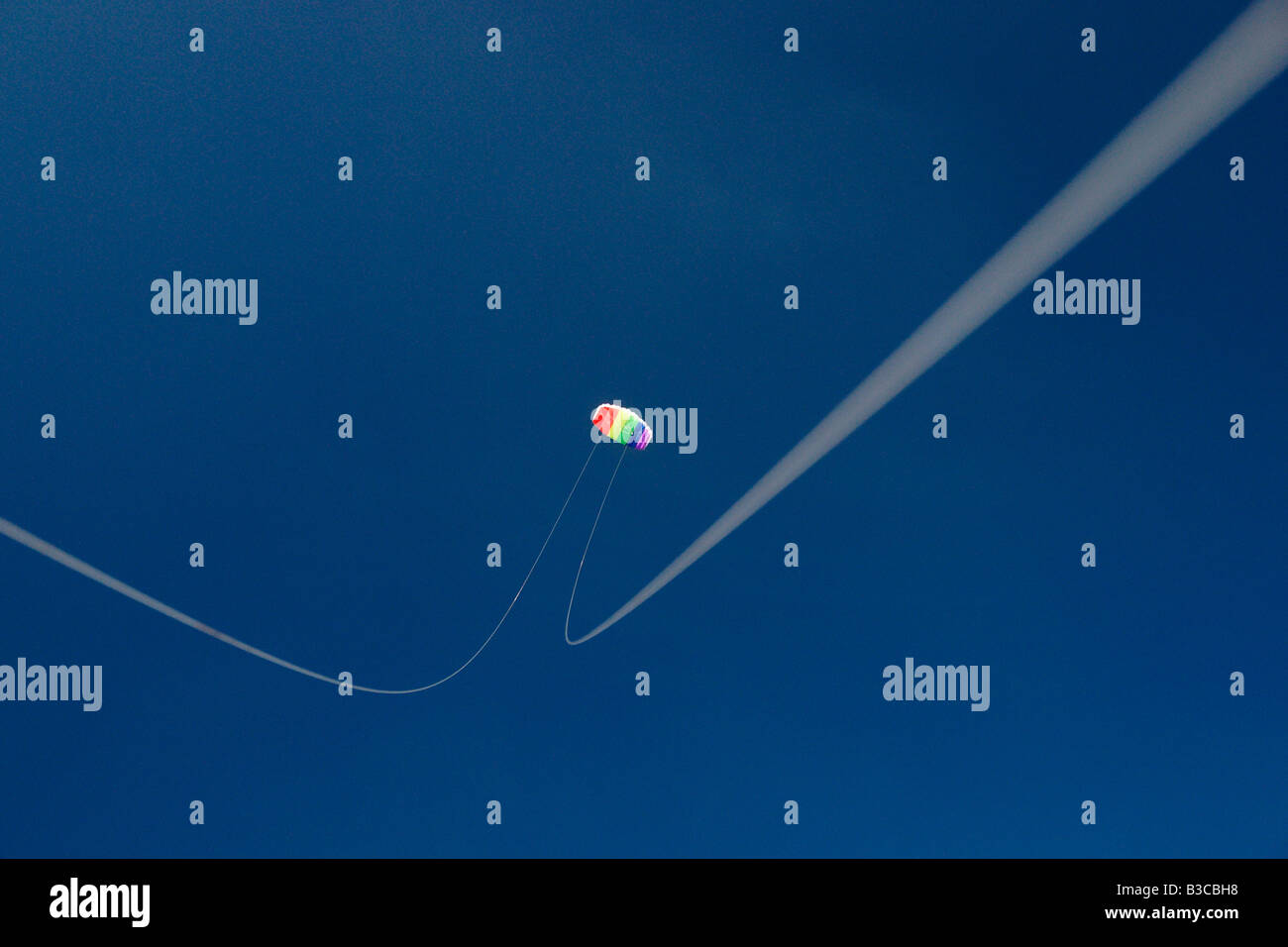 Parafoil kite flying high altitude wind two strings lines deep blue sky ...