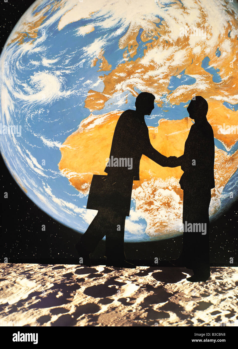 Businessmen shaking hands and earth in background Stock Photo - Alamy