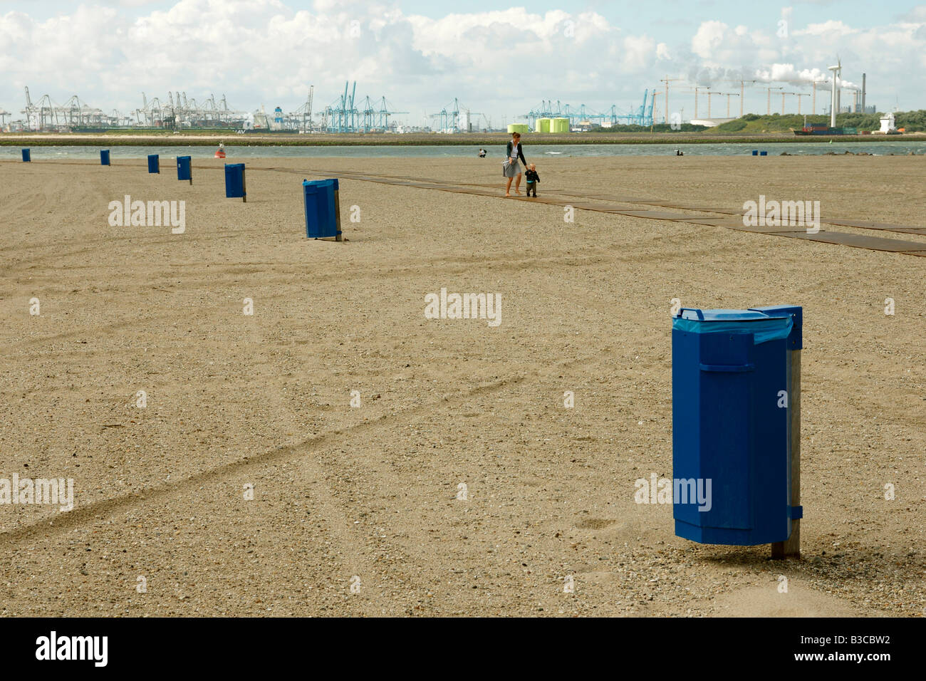 Sand beach blue litter bins dustbins summer Netherlands Hoek van ...