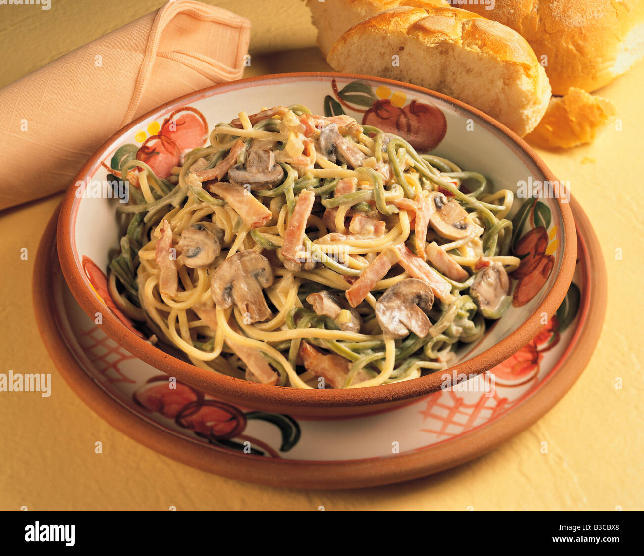 Italian food dish still life. Overhead view of cooked pasta with ...