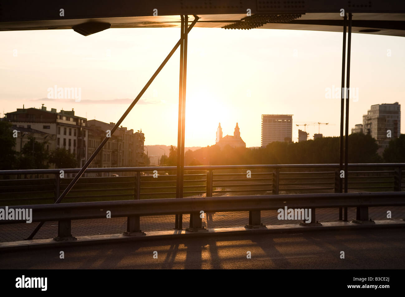 Sunset seen through girders of the new King Mindaugas Bridge on the ...
