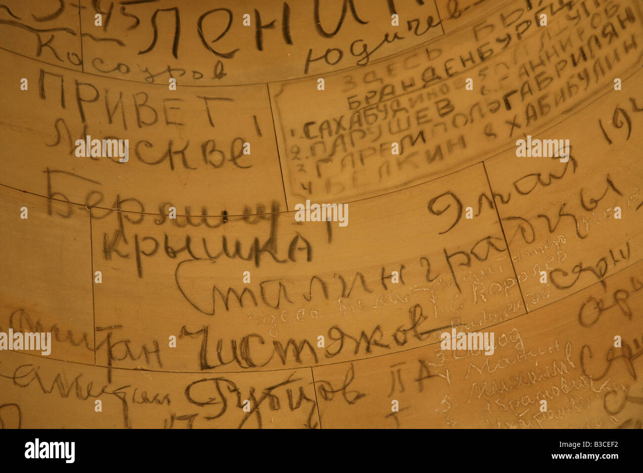 Soviet soldiers inscriptions inside the Reichstag building in Berlin ...