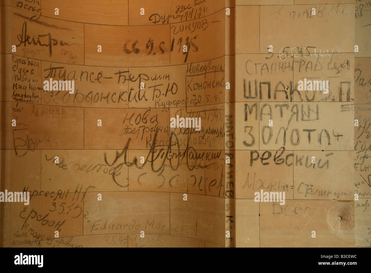 Soviet soldiers inscriptions inside the Reichstag building in Berlin ...
