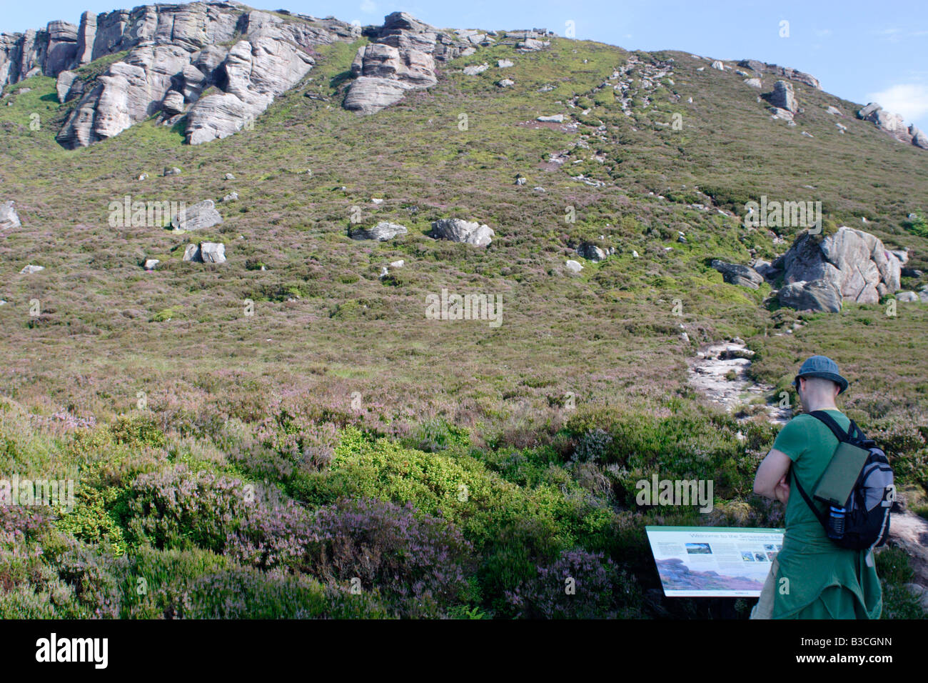 Man reading the information board at Simonside Ridge, Northumberland ...
