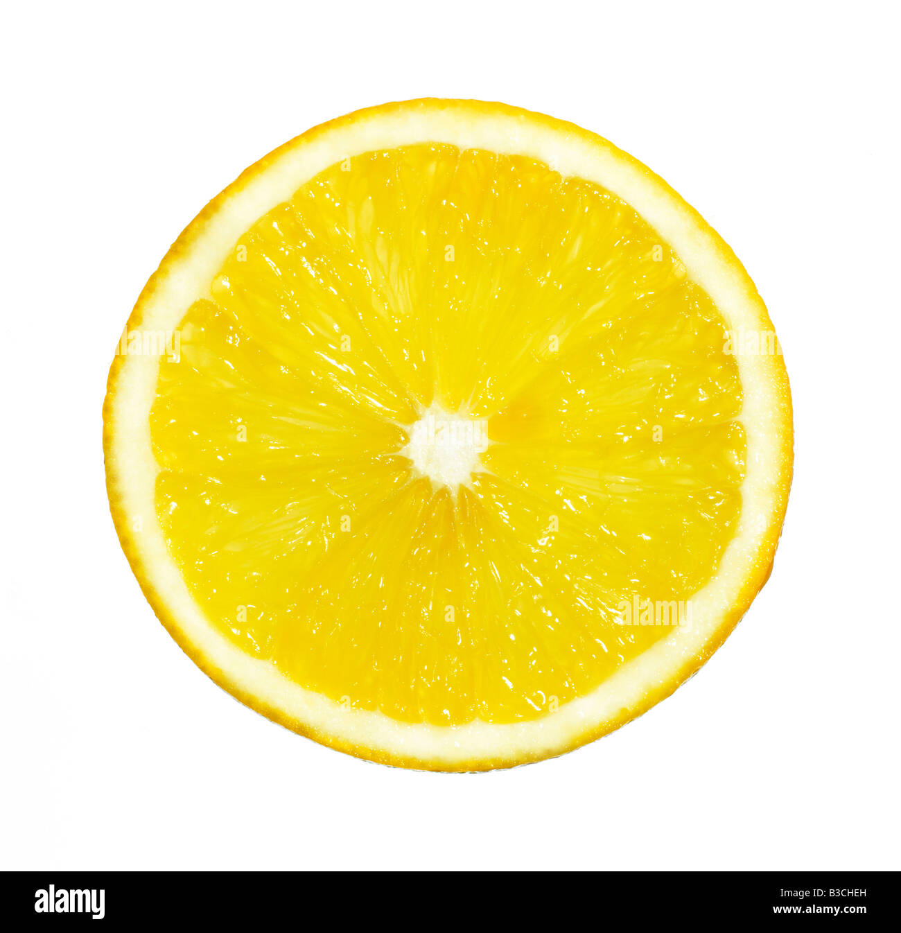 A cross sectional slice of an Orange fruit against a white background ...