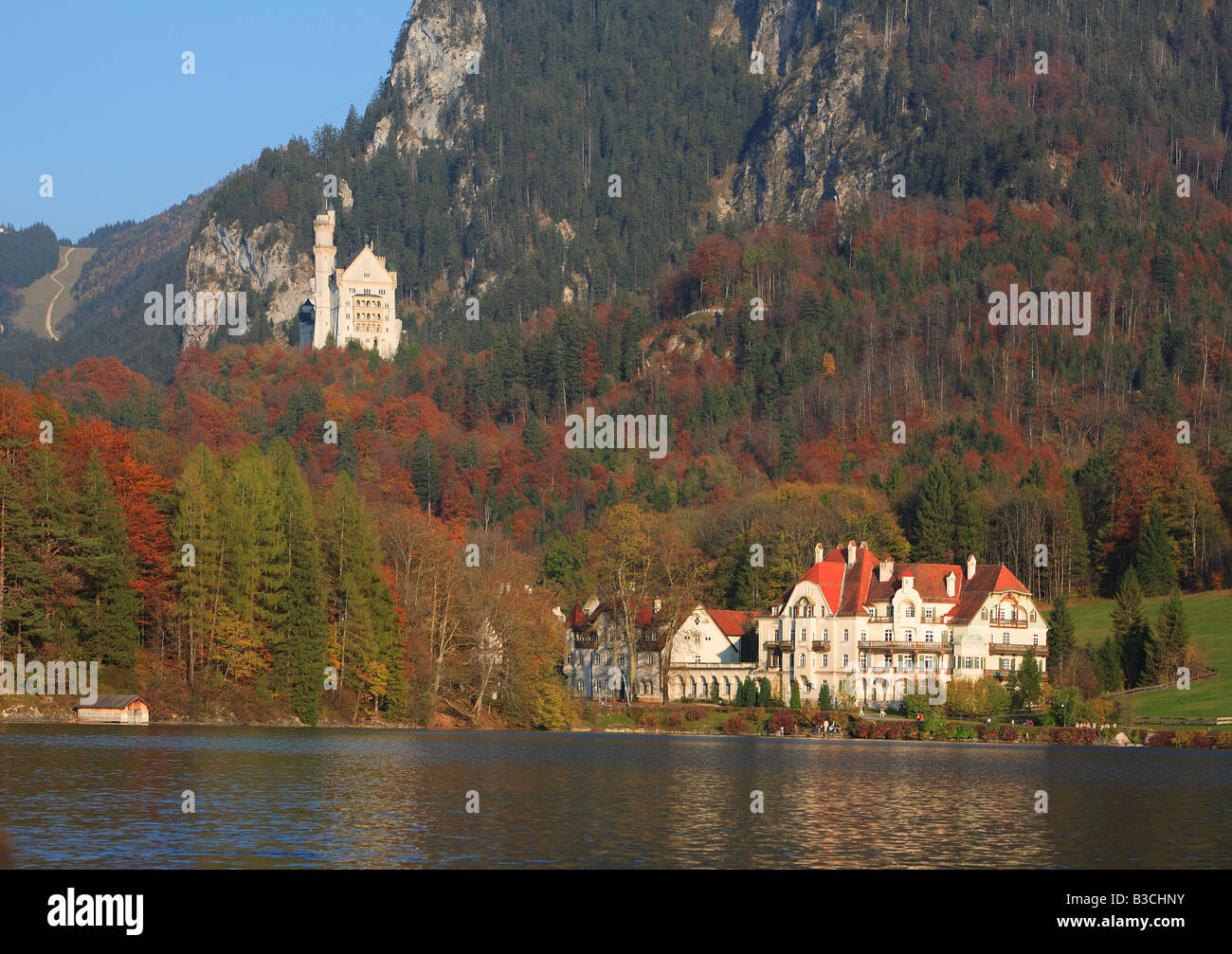 lake Alpsee palais of Neuschwanstein and Hotel Alpenrose Stock Photo ...