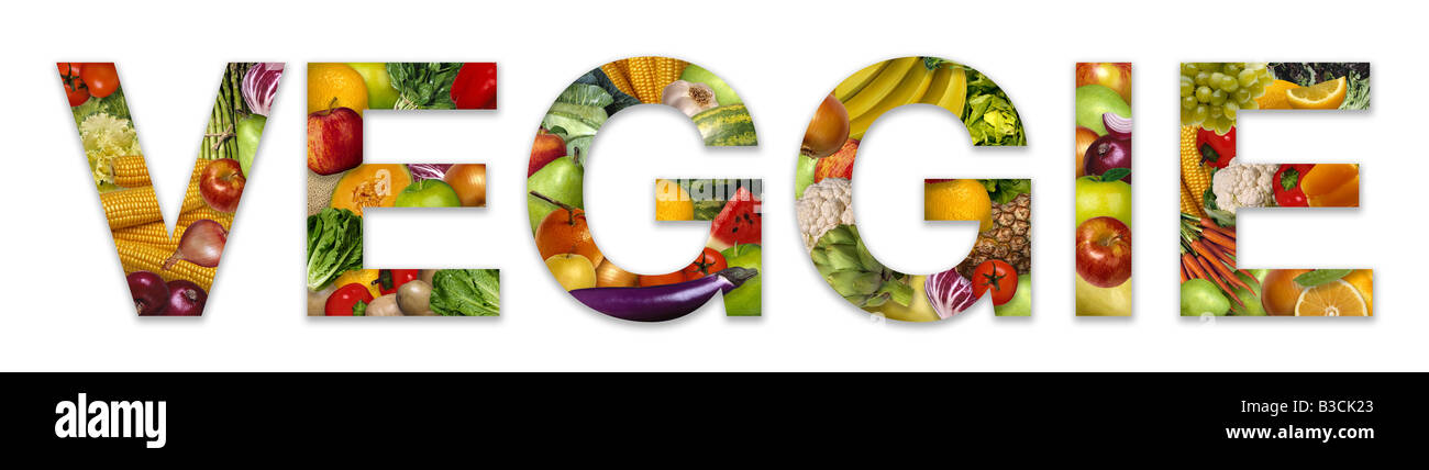 Veggie word set with fruit and vegetables Stock Photo - Alamy