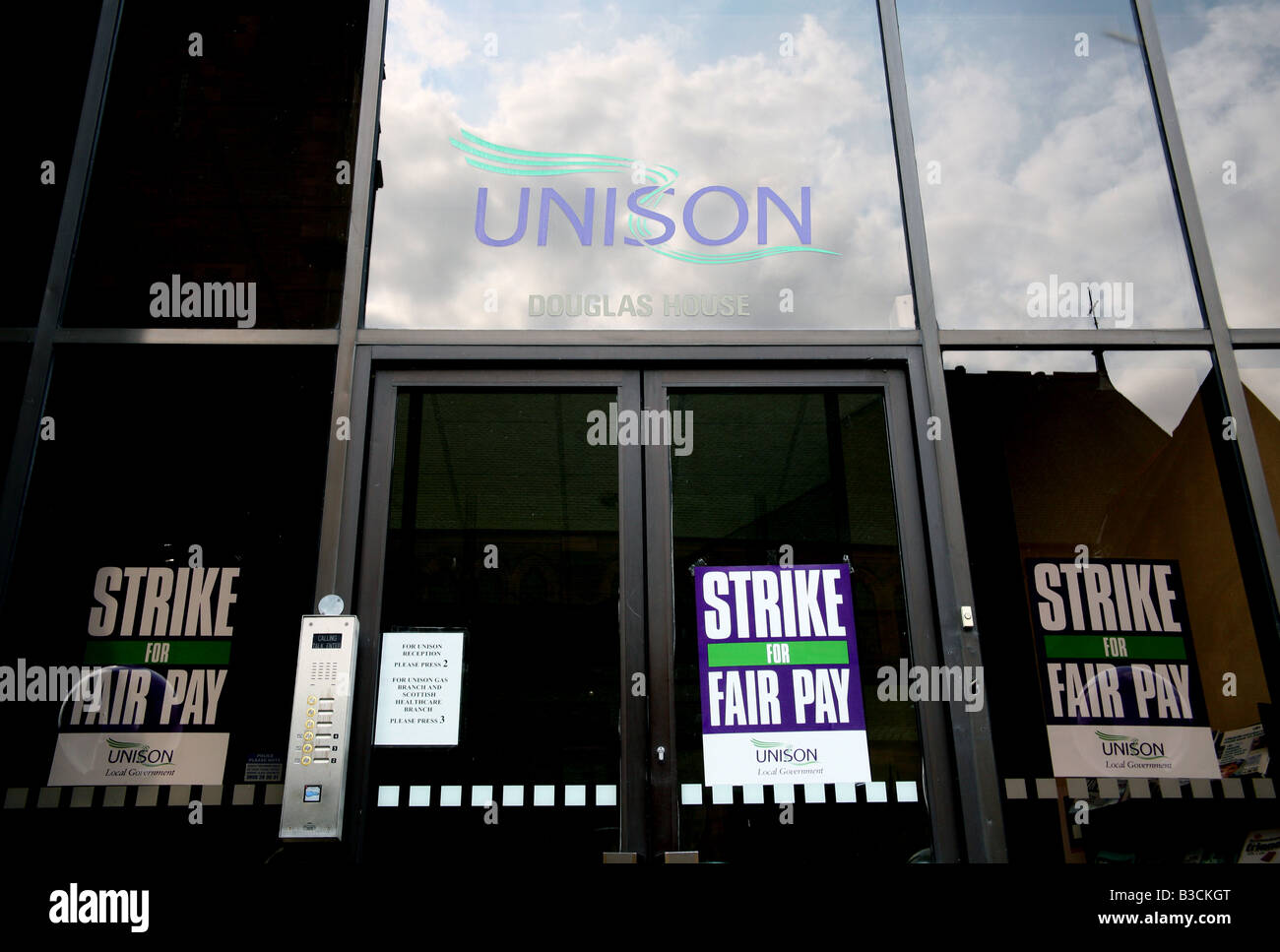 Strike posters in window of office of Unison trade union in Edinburgh ...