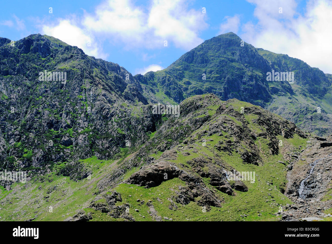 A rocky valley between Llyn Glaslyn and Llyn Llydaw beside the Miners ...